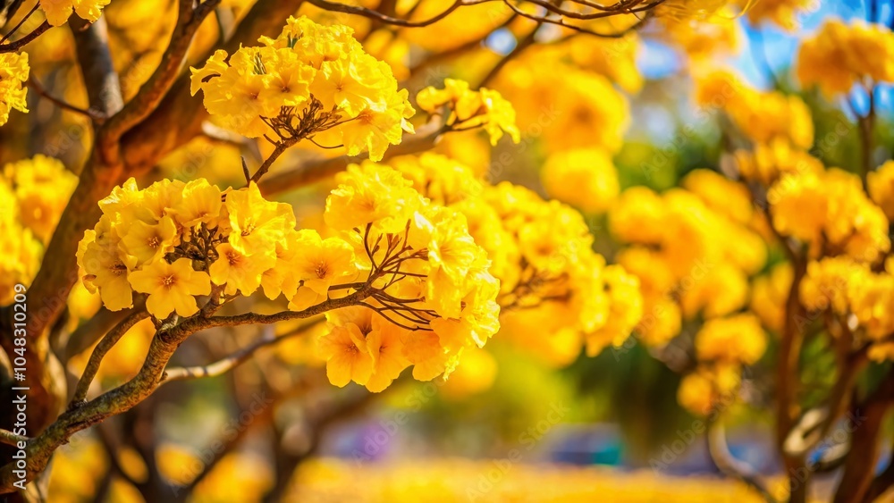 Ilustración de Stock Vibrant Yellow Blossoms of Tabebuia Chrysantha in ...