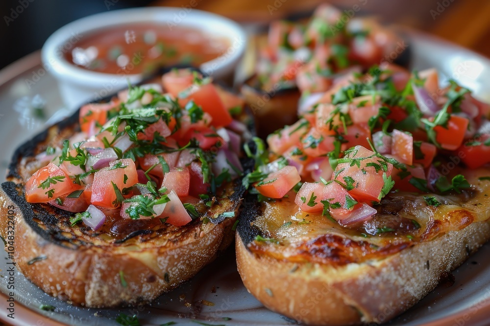A serving of molletes, open-faced sandwiches with refried beans and ...
