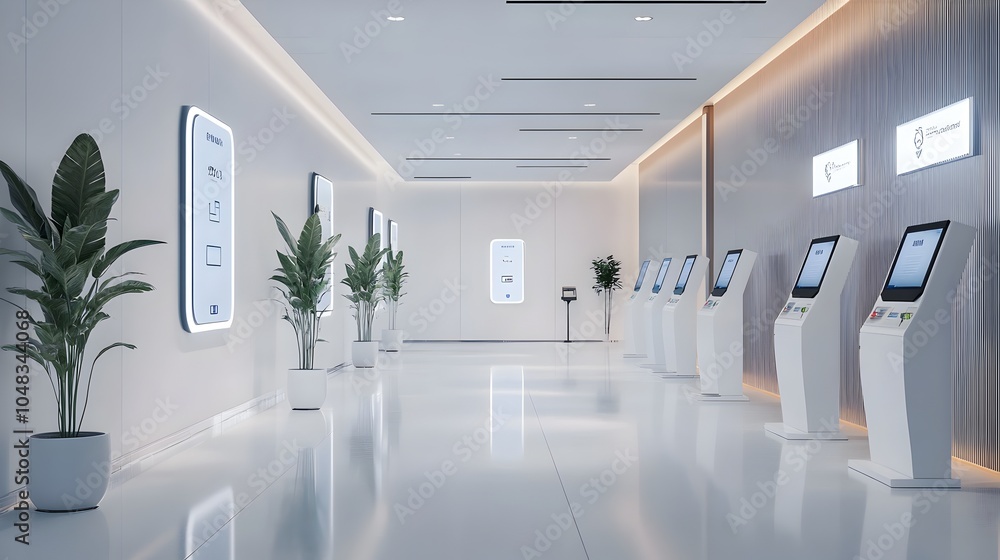 Minimalist and modern 3D rendered hospital reception area featuring ...