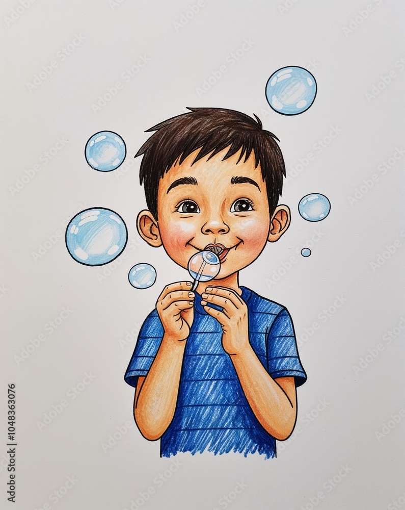 Hand drawing clipart of a boy blowing bubbles, smiling on plain white ...