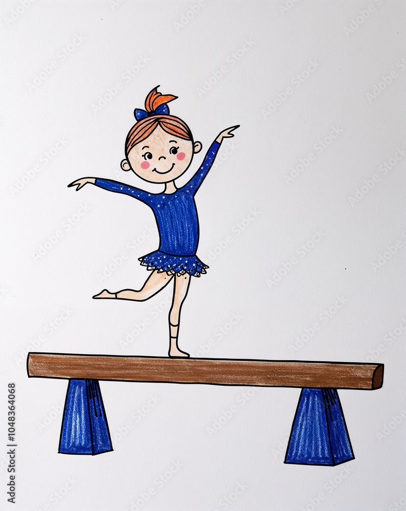 Hand drawing clipart of a girl gymnast performing on a balance beam on ...