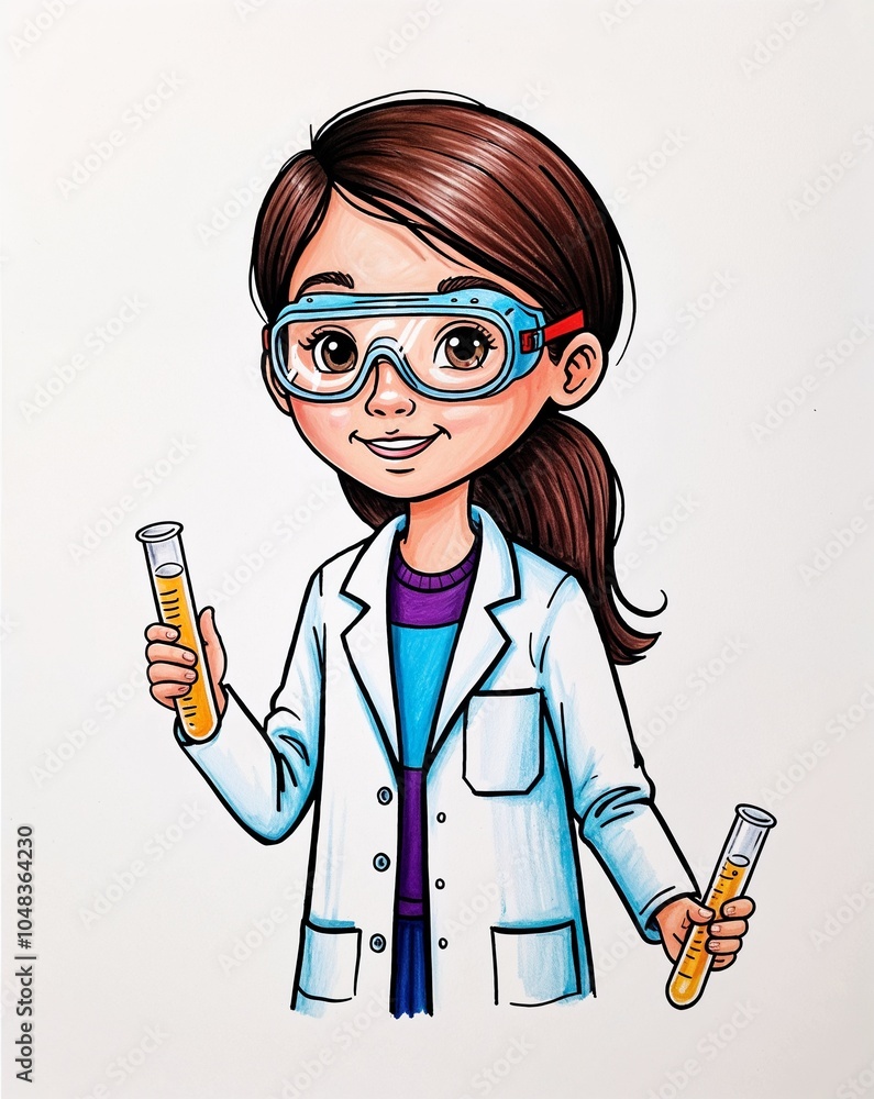 Hand drawing clipart of a girl scientist with safety goggles and test ...