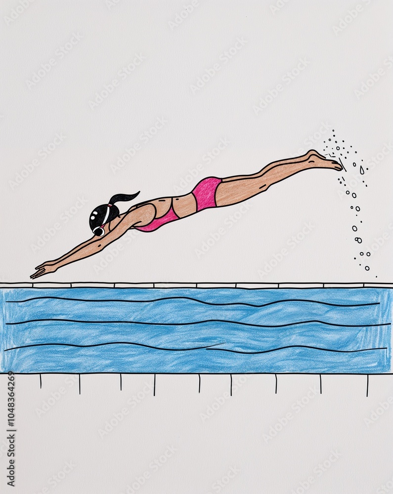 Hand drawing clipart of a girl swimmer diving into a pool on plain ...