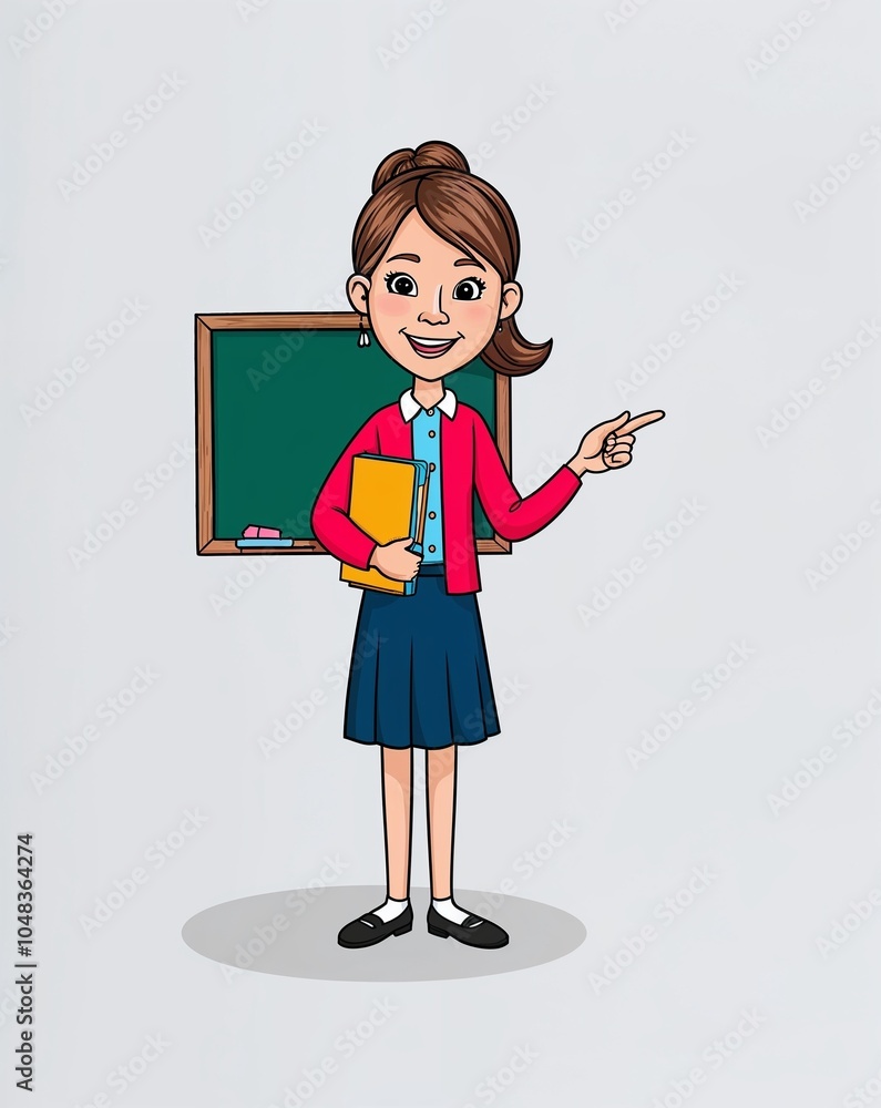 Hand drawing clipart of a girl teacher holding books and pointing to a ...
