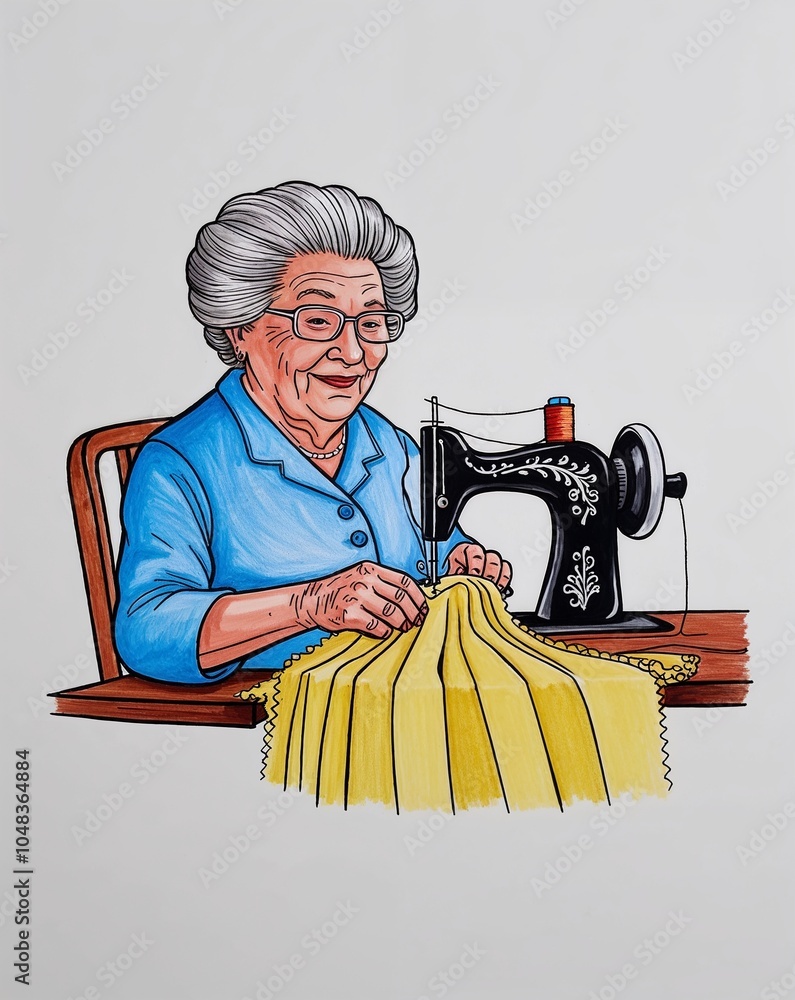 Hand drawing clipart of a grandmother seamstress sewing fabric with a ...