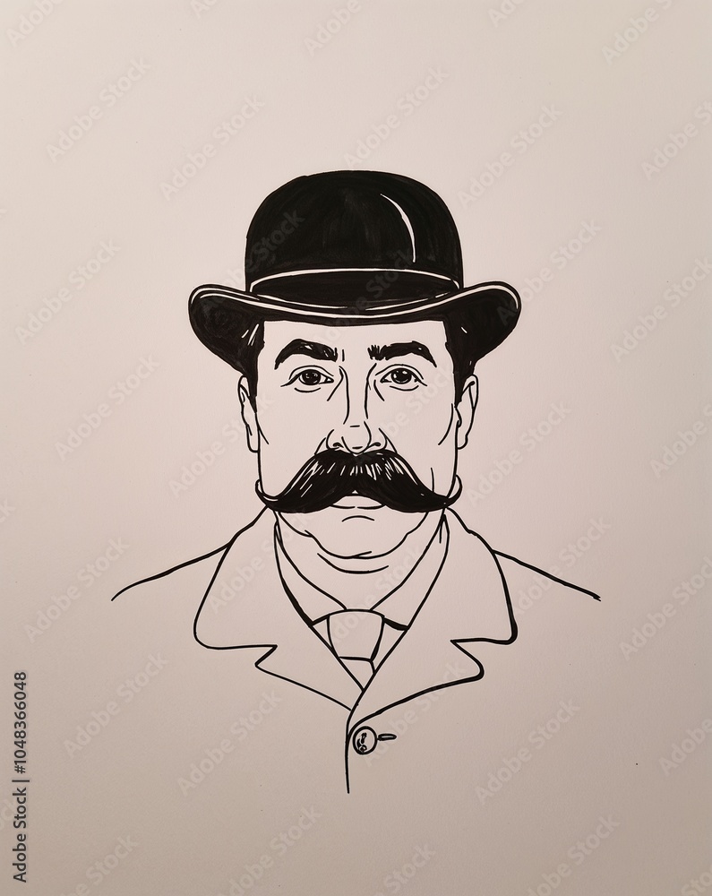 Hand drawing clipart of a man with a thick mustache and bowler hat on ...