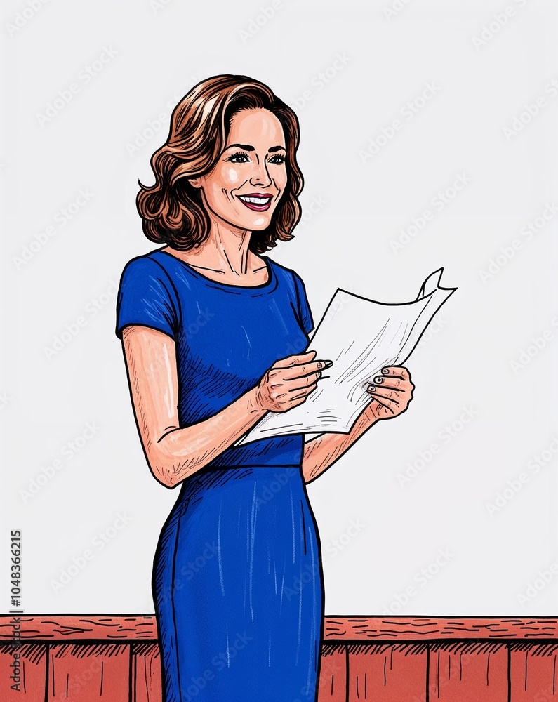 Hand drawing clipart of a woman actress on stage holding a script on ...