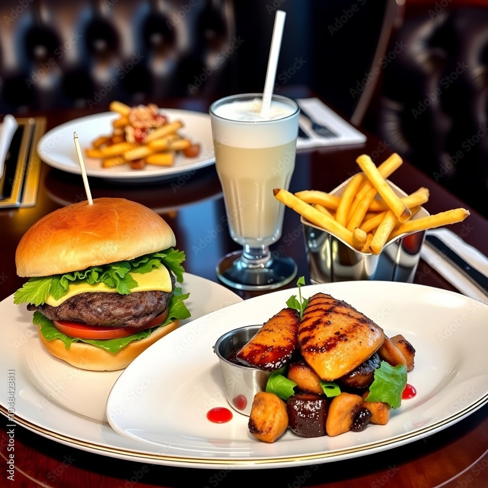 Gourmet fast-food items plated as fine dining, including burgers, fries ...