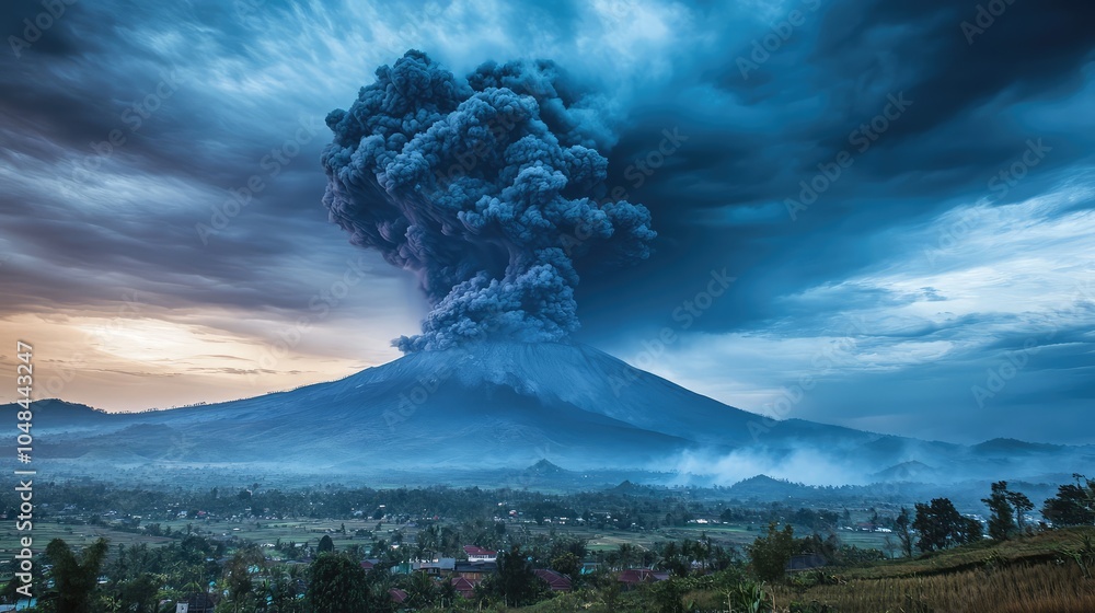 A sky turned dark and ominous as volcanic ash rises into the air, with ...