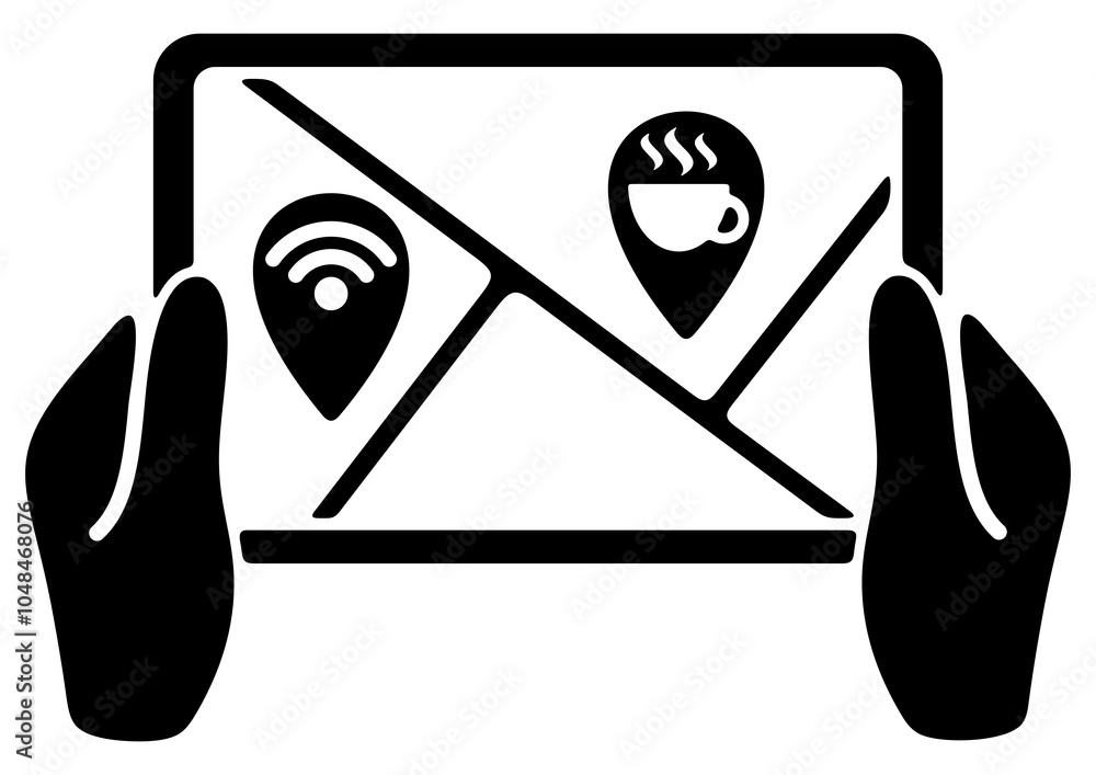 Hands holding tablet, map with pinpoints, geolocation and location ...