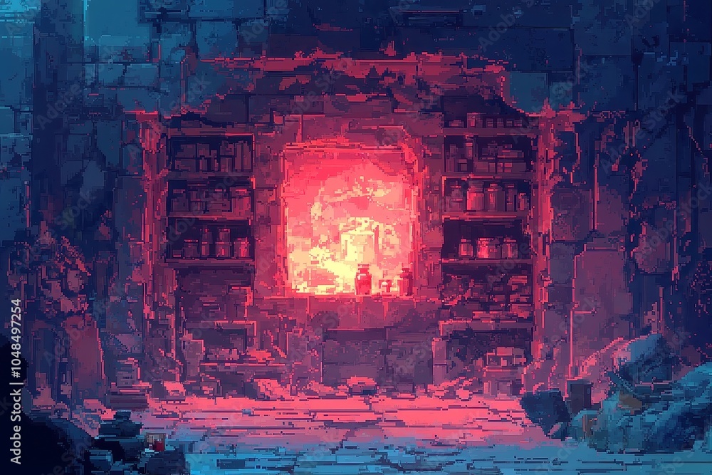 Enchanting alcoves filled with vibrant health and mana potions, pixel ...