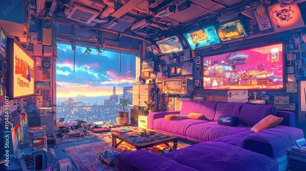 Cozy Cyberpunk Living Room with Purple Sofa, Animated Virtual ...