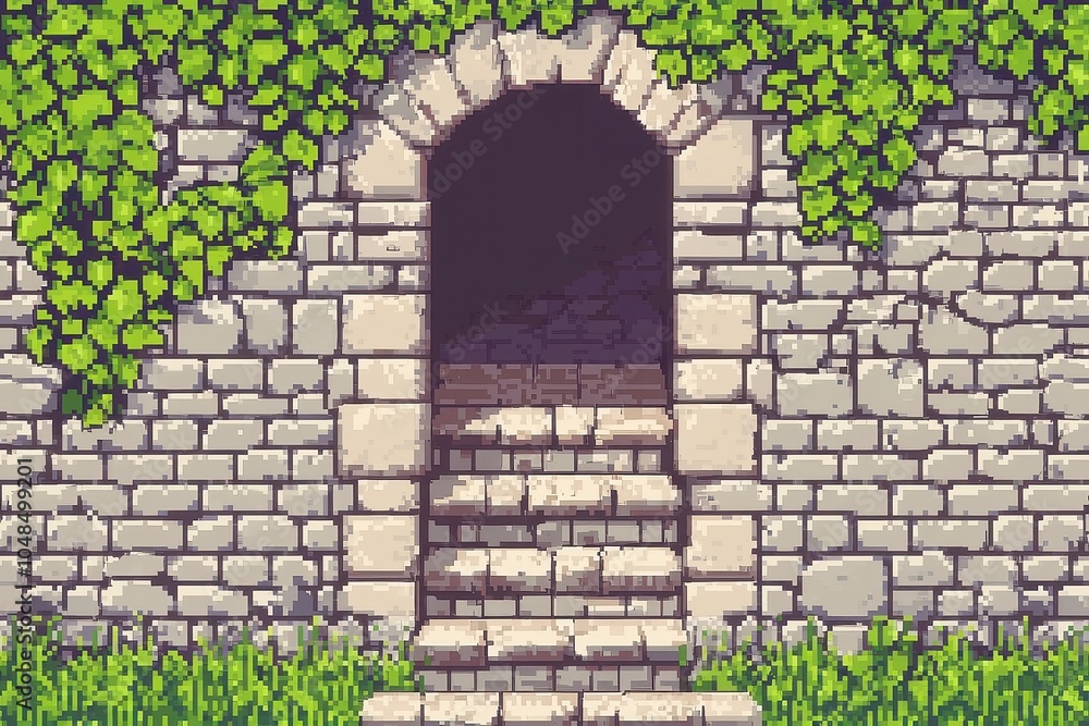 Crumbling Secret Walls Unveiling Hidden Paths in Pixel Art, a vibrant ...