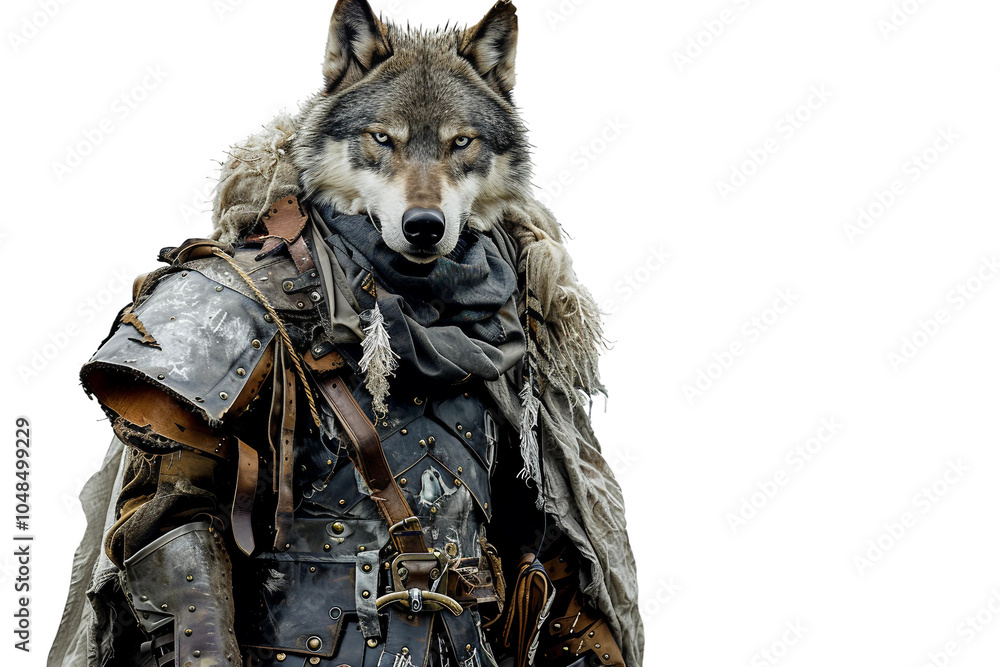 Wolf warrior battle-worn armor with elaborate design isolated on ...