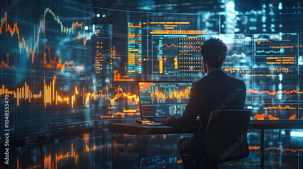 A young entrepreneur working in a sleek, modern office with holographic screens floating around ...