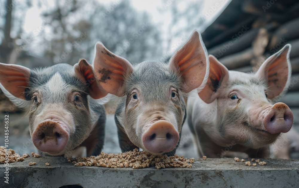 Three pigs eat grain together on a rustic farm. Their curious faces and ...