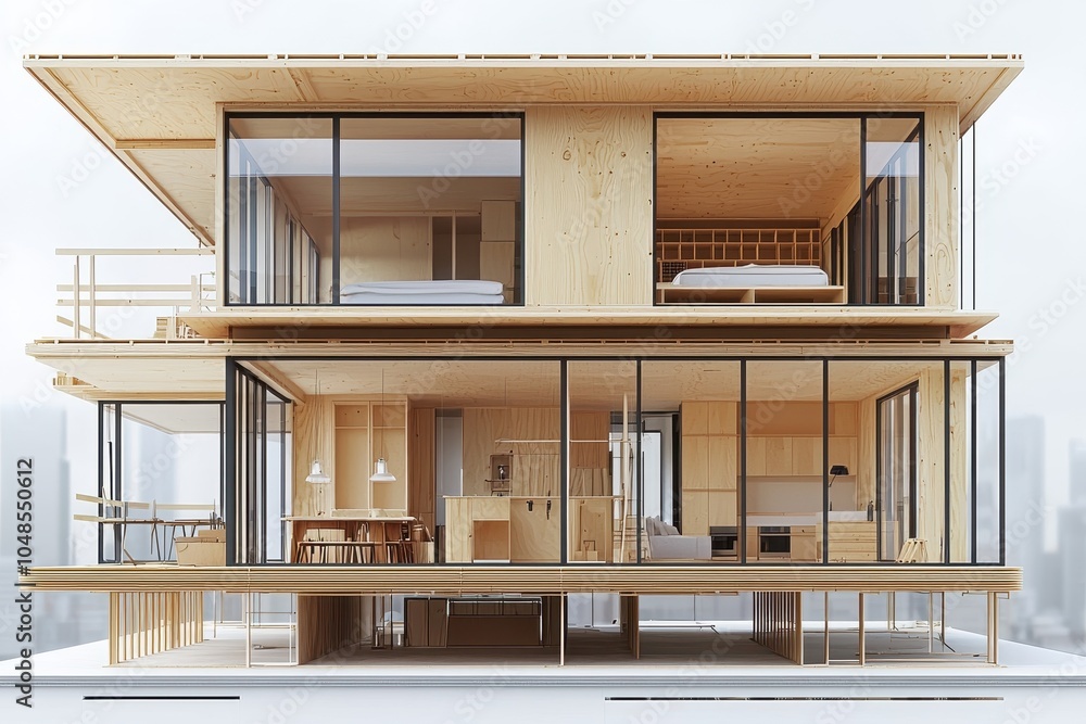 A modern multi-story house design featuring large glass windows, wooden ...
