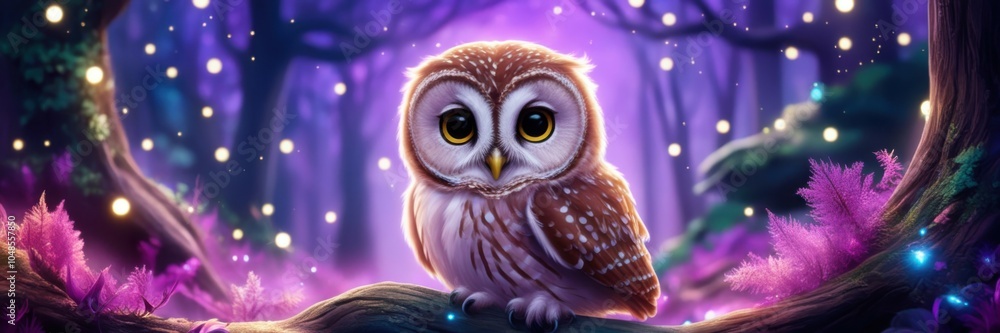 Magical owl, enchanted forest, glowing purple flowers, twinkling stars, ethereal atmosphere ...
