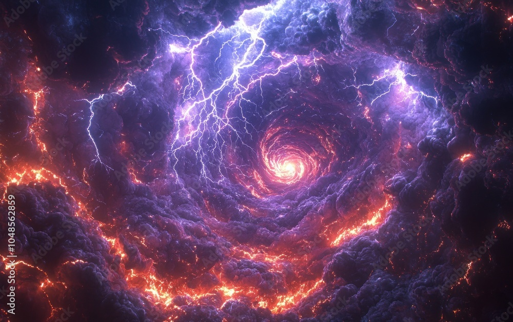 Swirling vortex of energy with lightning strikes and glowing lava ...