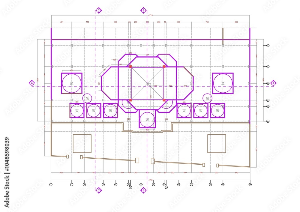 2D top view floor plan of a mosque dome roof with detailed notations ...