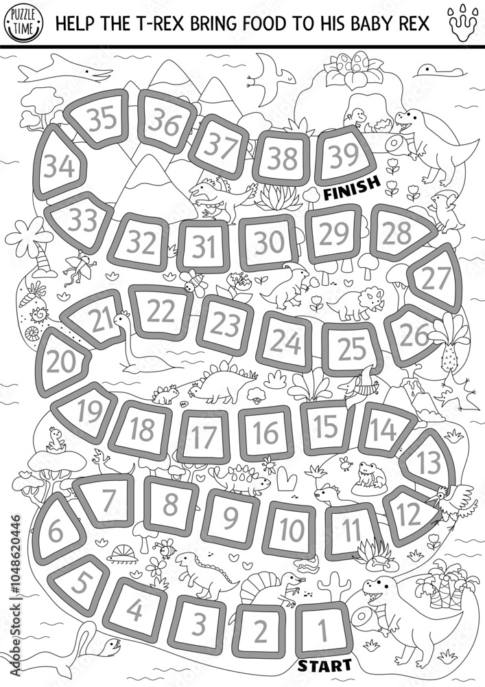Dinosaur black and white dice board game for children with ancient ...