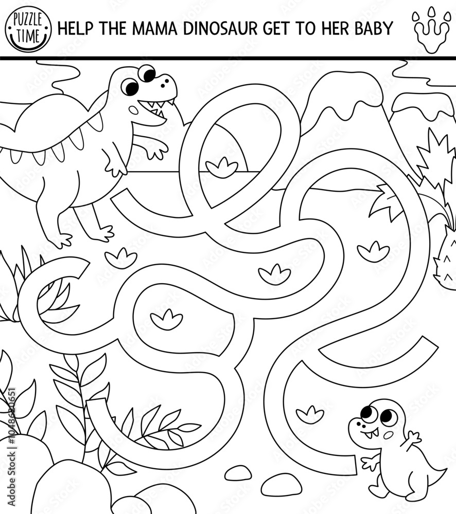 Black and white dinosaur maze for kids with ancient world landscape ...