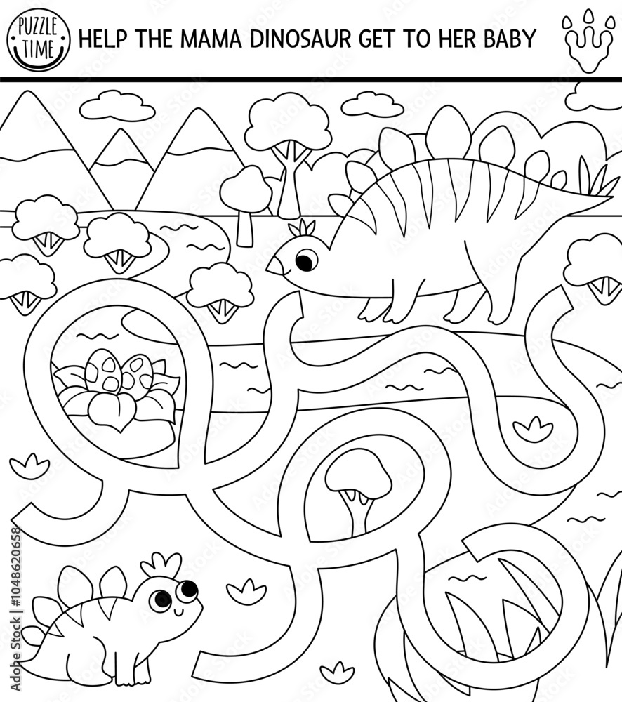 Black and white dinosaur maze for kids with ancient world landscape ...