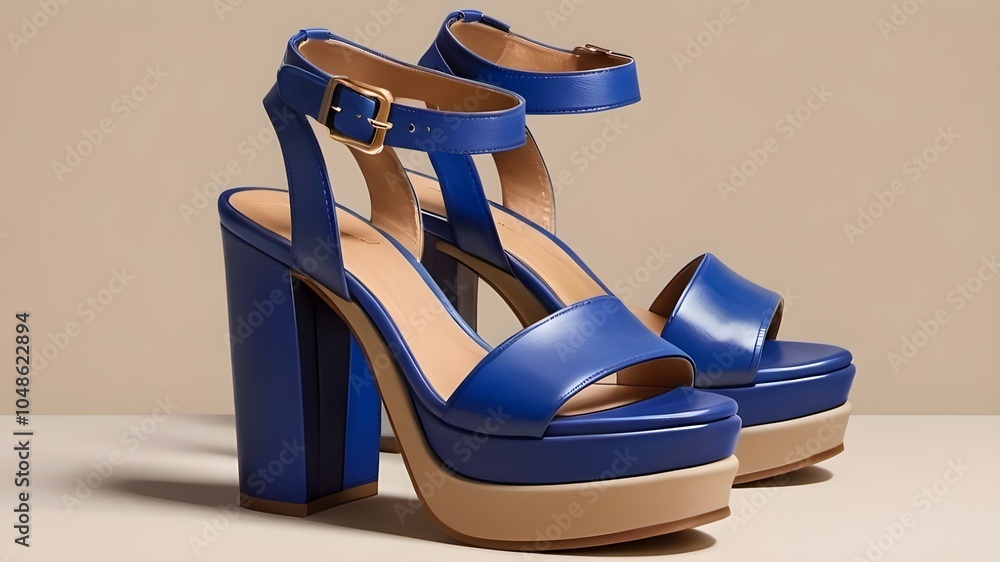 A photo-realistic illustration of fashionable platform sandals in a ...