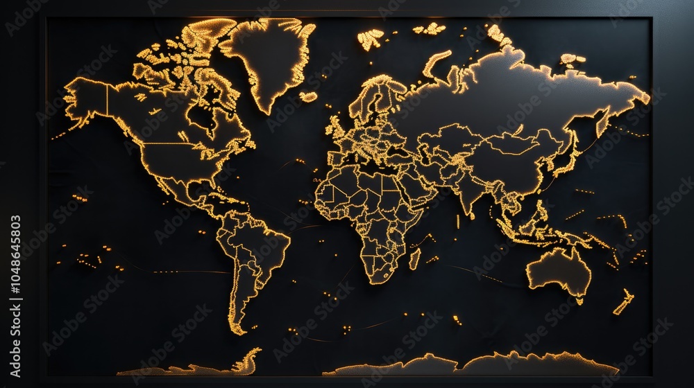 Illustrate a sophisticated world map with gold veins representing major ...