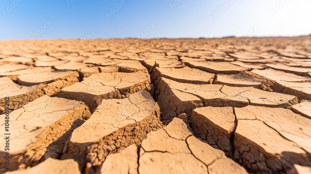 A vast expanse of cracked dry earth under a clear blue sky ...