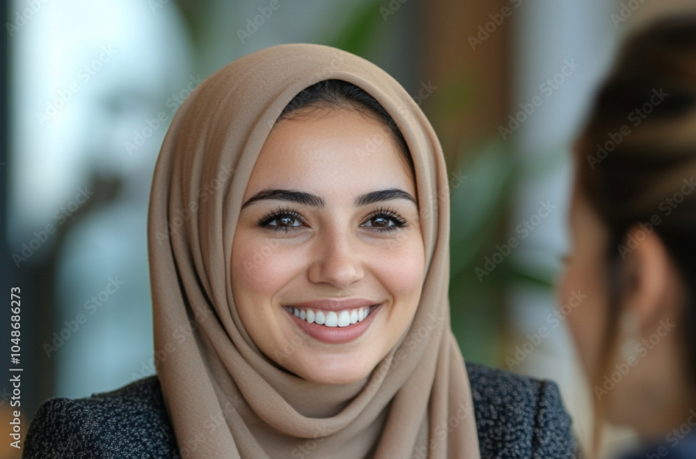 Happy young Arab business professional woman in hijab talking to ...