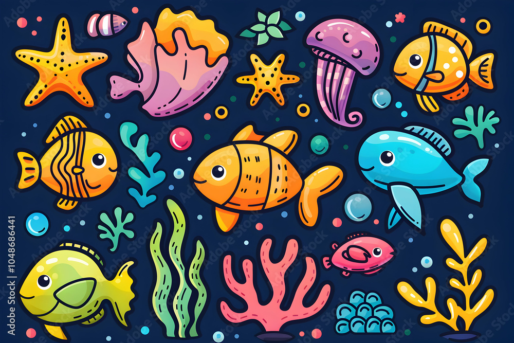 Colorful cartoon illustration of various sea creatures and marine life ...