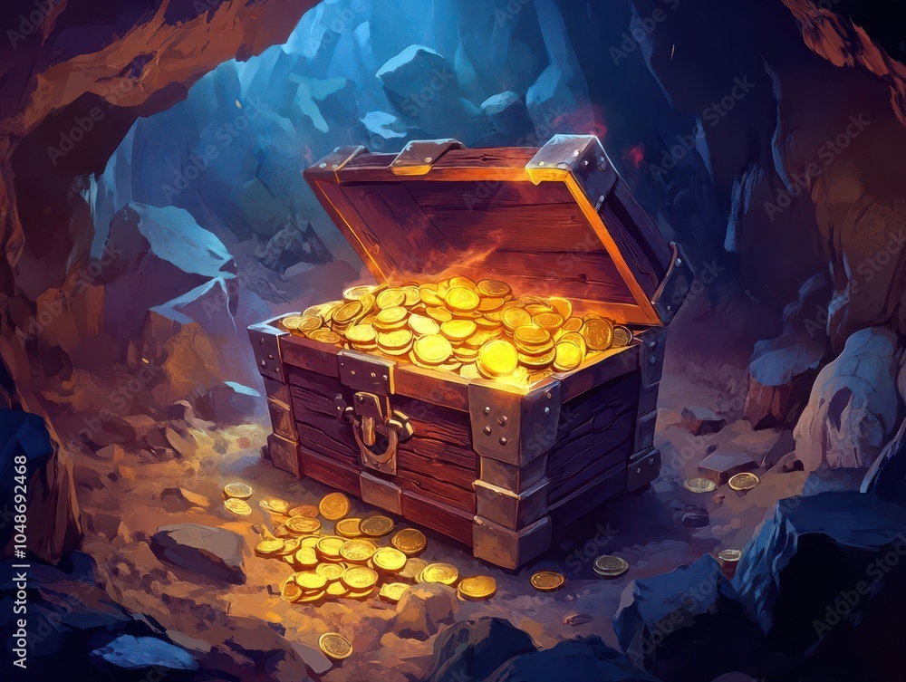treasure chest overflowing with gold coins and jewels, nestled in a ...