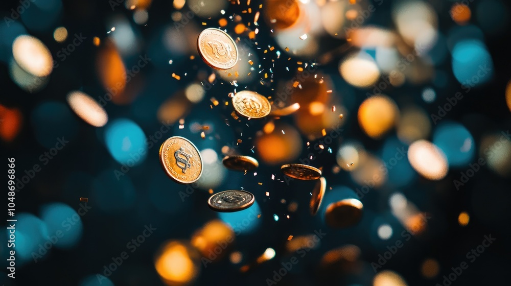 Coins tumble downward with a soft blur behind, creating a vibrant scene ...