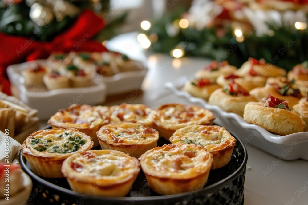 A Christmas appetizer spread featuring mini quiches, cheese platters ...