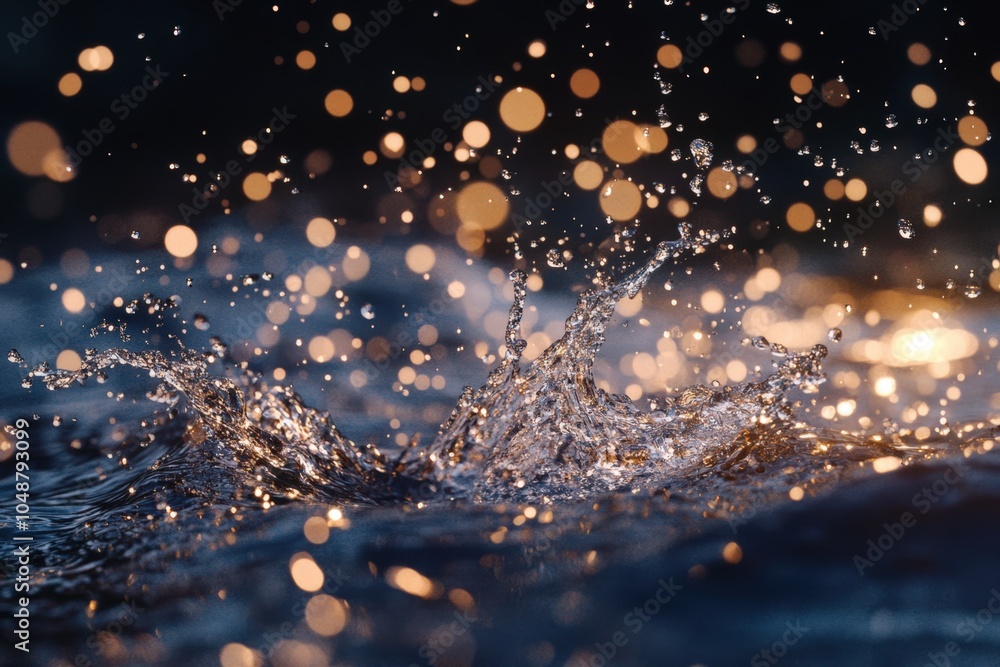 Sparkling water splash with golden bokeh lights Stock Illustration ...