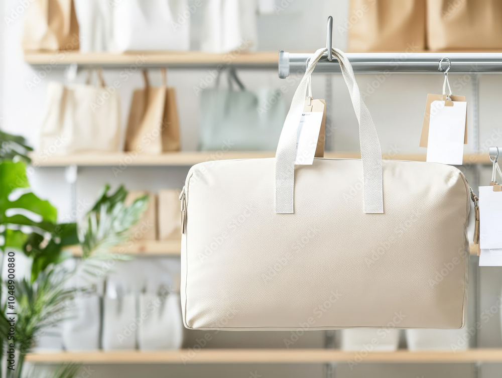 Blank duffle bag mockup displayed in a retail environment, hanging on a ...