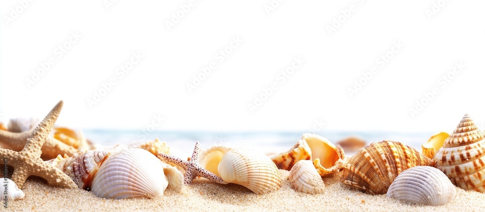Sea shells Beach sand featuring sea shells Ocean beach panorama Summer ...