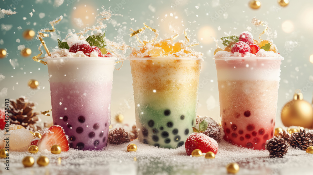 Happy Christmas themed Bubble boba Tea in 4 different flavors and ...