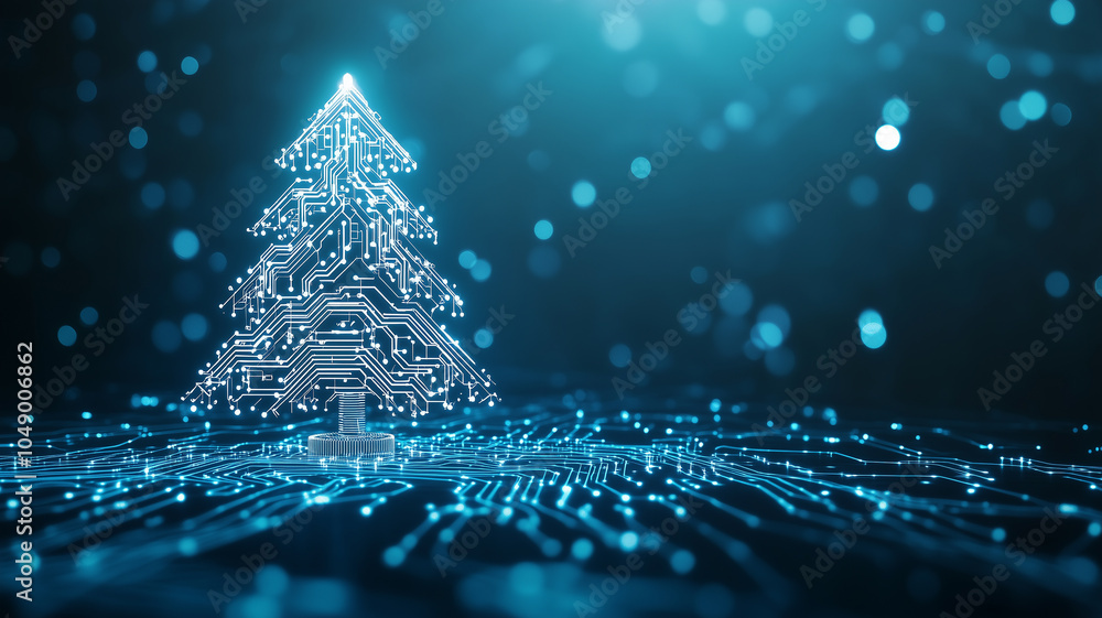 A blue background with an abstract Christmas tree made of glowing ...