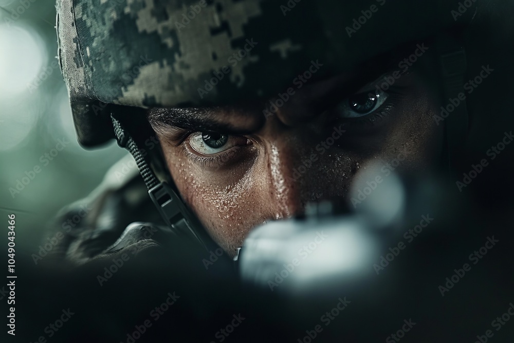 A close-up of a determined soldier's face, showing intense focus and ...