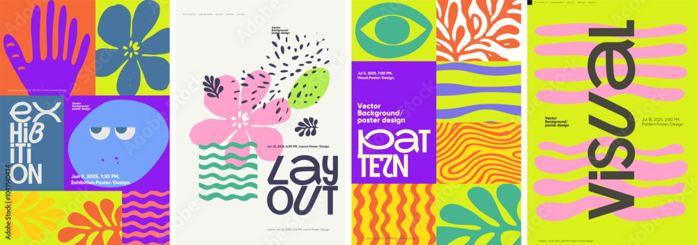 Vibrant poster set featuring creative typography and abstract elements ...