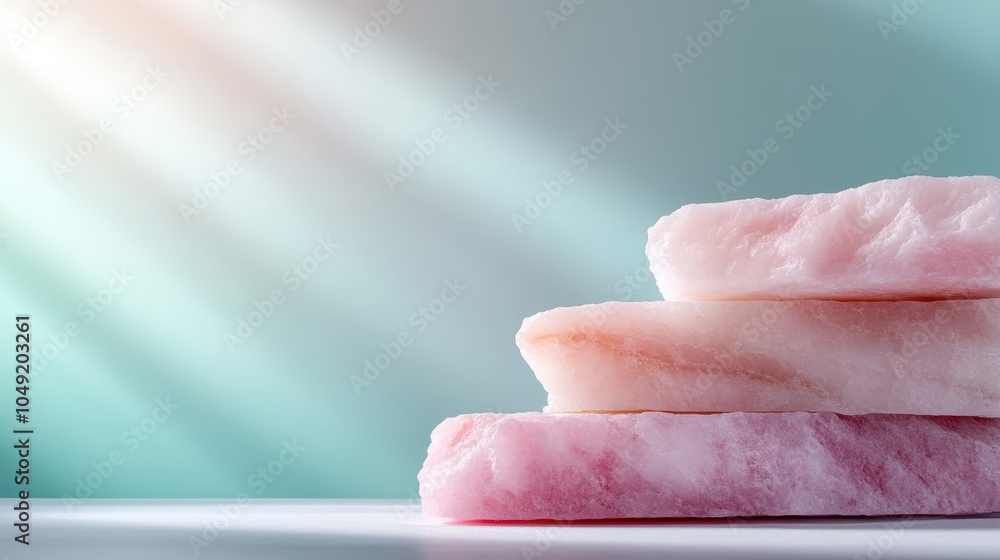 Three pink salt blocks are stacked in a minimal arrangement ...
