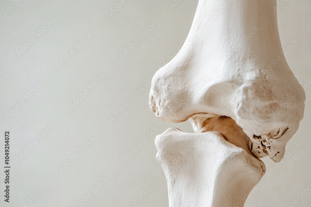 Close-up of a knee joint model, showing the femur, tibia, and patella ...