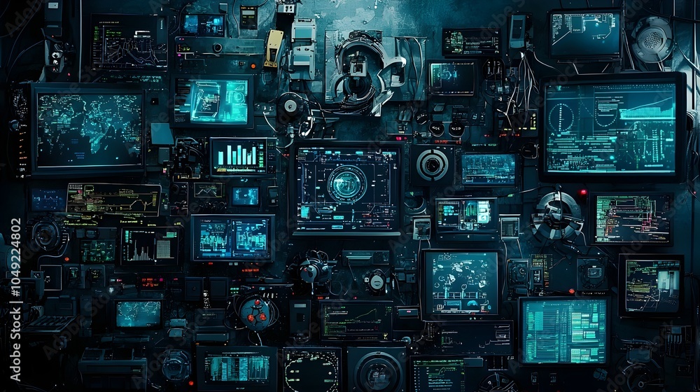Futuristic digital control room with a wall of multiple TV screens high tech interfaces data ...