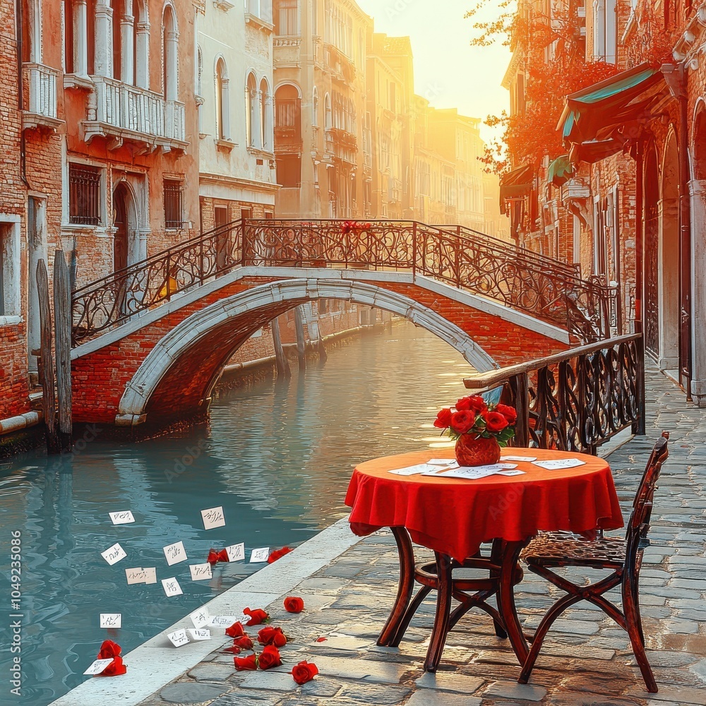 Picturesque Venice Canal Scene with Romantic Red Table Setting ...