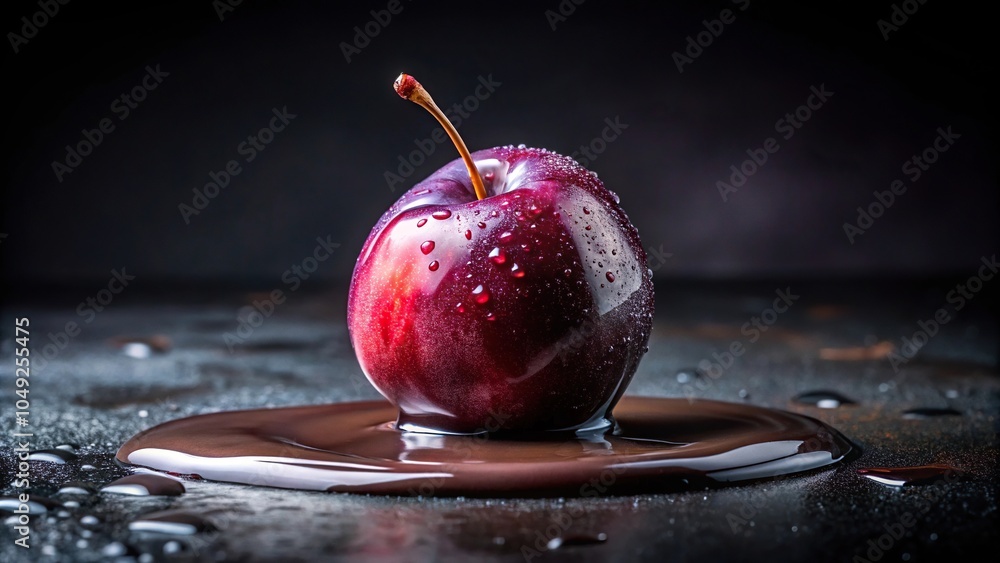 A single plum falling onto a dark surface with a trail of slimy goo ...