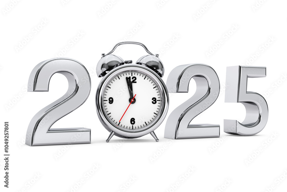 New Year 2025 concept. 2025 Steel Sign with Alarm Clock. 3d Rendering ...