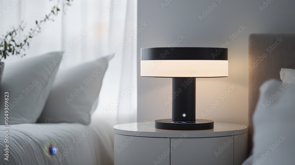 A modern bedside lamp with touch controls and sleek lines, showcased ...
