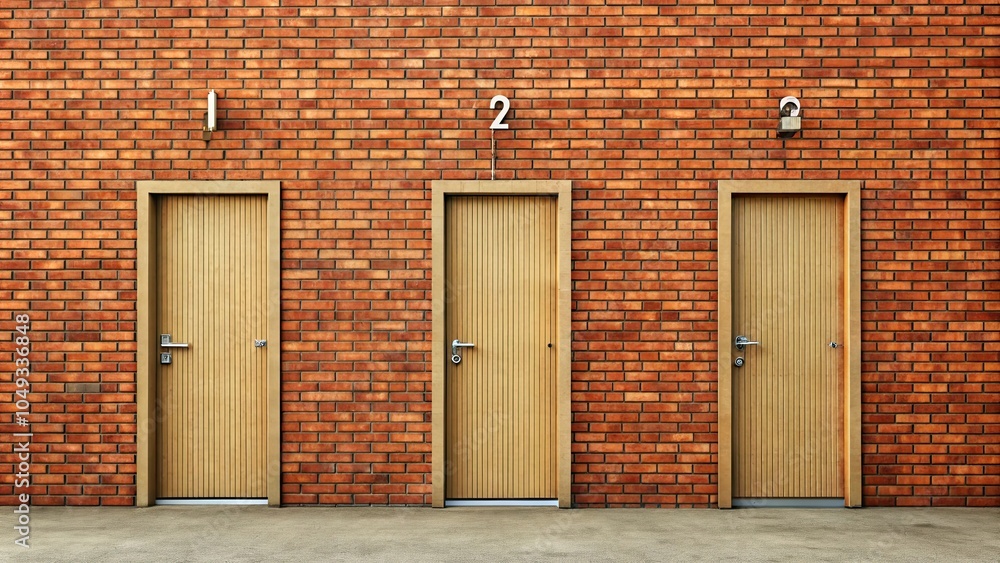 High brick wall with three doors labeled with numbers 1, 2, and 3 ...